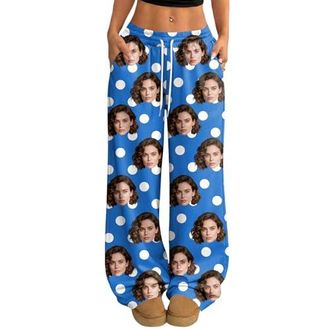 Generic Pantalon personnalis&eacute; avec photo de visage pour femme, pantalon de jogging personnalis&eacute; avec cordon de serrage &agrave; taille &eacute;lastique, bleu, M