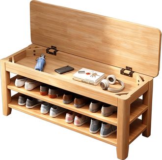 Generic Schuhbank mit Stauraum Klappbares Staufach Massivholzrahmen Sitzbank mit Stauraum Bis 220 Kg Belastbar Schuhschrank mit Sitzbank f&uuml;r Eingangsbereich, 