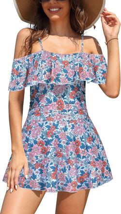 SHEKINI Damen Einteiliger Badeanzug Badekleid Rückenfrei Baderock Ruched Bauchweg Bauchkontrolle Damen Strandbadeanzug Bademode Großer Größe Schwimmrock(XL,He