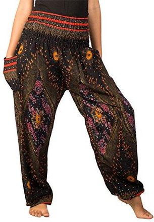 Lofbaz Femmes Floral Smocked Taille Harem Pantalon Boho Vêtements Noir 2XL