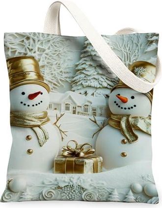 Generic Sacs fourre-tout en toile motif bonhomme de neige dhiver, sacs d&eacute;picerie r&eacute;utilisables, vintage chic, l&eacute;gers et lavables, blanc, 13x15 Inch