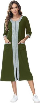 Rismart Femme Manche 3/4 Fermeture &eacute;clair Robe Pyjama D&eacute;contract&eacute; Col V Chemise de Nuit Manteau de Maison Vert Fonc&eacute;,XL
