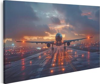 Islandburner Bild auf Leinwand Flugzeug landet bei Sonnenuntergang auf beleuchteter Landebahn für Wohnzimmer Reisefans Reisebüro Bilder Wandbilder Poster