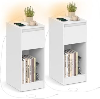 Vasagle Nachttisch 2er Set, schmal, Beistelltisch, LED-Beleuchtung, 1 USB-A-Anschluss, 1 USB-C-Anschluss, Schublade, offenes Fach, f&uuml;r Schlafzimmer, Wohnzimme