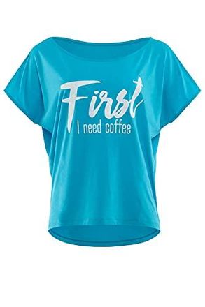 Winshape Damen Ultra leichtes Modal-Kurzarmshirt MCT002 mit weißem First I Need Coffee Glitzer-Aufdruck T-Shirt, Bleu Ciel/Blanc, XXL Femme