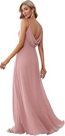 Ever-pretty Robe de Soirée Femme Longue A Line Col V à Bretelles Mousseline de Soie Sexy Rose Poussiéreuse 46