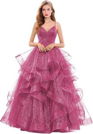 Generic Robe de bal en tulle pailleté avec col en V et bretelles spaghetti, robe de demoiselle dhonneur, robe de soirée formelle longue à étages, Rose désert,