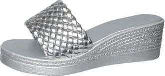 Generic Espadrilles compens&eacute;es &agrave; bout ouvert pour femme - Tendance - Tress&eacute;es - Chaussures de plage - Style boh&egrave;me, Argent&eacute;., 40.5 EU