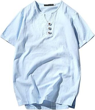 Generic Chemises pour homme en lin blanc boutonn&eacute;, chemises courtes en lin pour adultes, hauts boutonn&eacute;s, coupe ajust&eacute;e, polo en coton blanc, t-shirt &agrave; manche