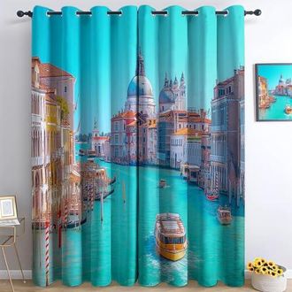 Generic Rideaux Occultants Impr Canal De Venise Moderne Occultant Thermiques Isolants A Oeillets Rideau De Fen&ecirc;tre en Anti Froid Rideaux Bleu pour Chambre den