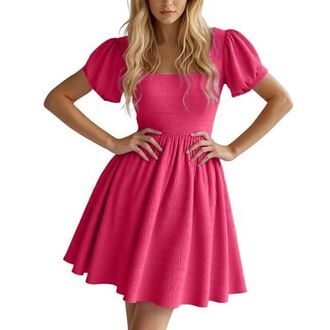 Generic Robe d&eacute;t&eacute; pour femme - Robe courte trap&egrave;ze avec col carr&eacute; et manches bouffantes, Rouge past&egrave;que, XXL