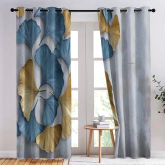 Generic Bedruckte Vorh&auml;nge Luxus Ginkgoblatt Muster Blickdicht Vorhang Grau Gold mit &Ouml;sen Gardinen Deko &Ouml;senvorhang Dekoschal DekogardinenH215 x B110 cm (2er 