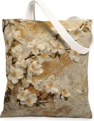 Generic Sac fourre-tout en toile avec fleurs de jasmin printani&egrave;res pour le shopping, 33 x 38,1 cm, sac d&eacute;picerie r&eacute;utilisable pour femme, esth&eacute;tique, plage, 