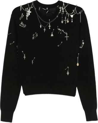 R13 Femme, Pulls, Noir, Taille: 38 FR Pull noir orné de broches de sécurité col rond