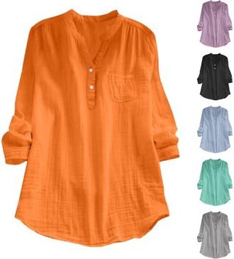 Generic Chemisier en lin pour femme - Manches longues - Grandes tailles - Chemise en lin pour femme - Chemise d&eacute;t&eacute; longue en lin - Haut &eacute;l&eacute;gant - Col en V - T