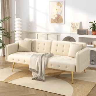 Generic Schlafsofa 2 Sitzer Samt mit XXL Liegefl&auml;che 215cm Verstellbare Armlehnen & R&uuml;ckenlehne Splitback Goldene Beine Stabil 6 F&uuml;&szlig;e G&auml;stebett Sofa Bed Velve