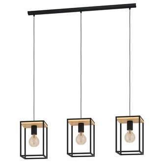 Eglo Suspension luminaire Libertad, lampe de plafond suspendue à 3 flammes, lustre salon ou salle à manger en métal noir et bois naturel, douille E27
