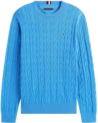 Tommy Hilfiger Pull embl&eacute;matique en tricot torsad&eacute; pour homme Collection 2024, Indigo poussi&eacute;reux, Taille XL