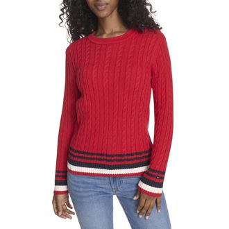 Tommy Hilfiger Damen-Pullover aus Baumwolle mit Rundhalsausschnitt und Zopfmuster, Scarlet Multi, X-Klein