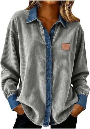 Generic Chemise en jean boutonn&eacute;e pour femme, col &agrave; revers vintage, patchwork en velours c&ocirc;tel&eacute;, chemise de printemps surdimensionn&eacute;e et l&eacute;g&egrave;re, veste en jean