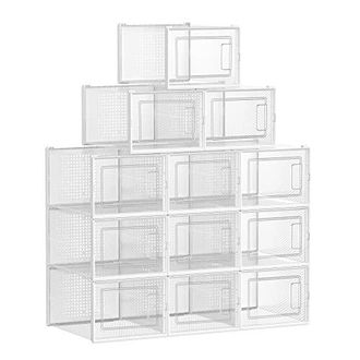 Songmics Boîtes à Chaussures, Lot de 12, Rangement Chaussures, Pliable, pour Pointure Jusquà 46, Transparent et Blanc LSP12MWT