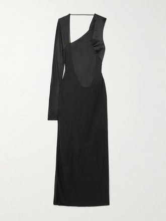 Galvan Modernist Asymmetrisches Midikleid Aus Satin Und Stretch-tüll - Schwarz