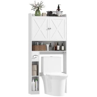 HOMCOM Meuble WC Dessus de Toilette Meuble Toilettes WC Rangement avec Placard &agrave; Porte de Grange, &eacute;tag&egrave;re r&eacute;glable, Compartiments Ouverts et Porte-Papier, 81