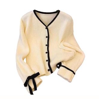 Generic Pull &agrave; col en V pour femme - Style cor&eacute;en - Style cor&eacute;en - Couleurs contrast&eacute;es, beige, Taille XS