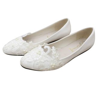 Fenical Spitzehochzeitsschuhe schn&uuml;ren Sich Flache Brautschuhe der Perlenblumenhochzeit f&uuml;r Frauen 1 Paar Gr&ouml;&szlig;e 38 Wei&szlig;