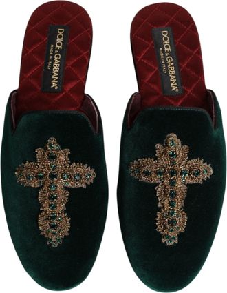 Dolce & Gabbana Mens Green Velvet Cross Embellished Slippers Shoes