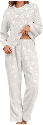 Generic Ensemble de pyjama pour femme - Chaud et épais - En polaire douce - Manches longues - Haut et pantalon - 2 pièces - Motif coeur - Pyjama moelleux pour