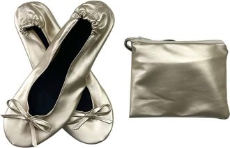 Minetom Damen M&auml;dchen Faltbare Ballerina Bequem Flache Ballerinas Casual Komfort Weich PU Leder Party Hochzeit Schuhe mit Tragetasche A Hellgold 38/39 EU