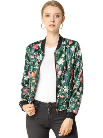 Allegra K Damen Bunt Blouson Fr&uuml;hling Sommer Bomberjacke Blumenmuster Rei&szlig;verschluss Jacket Dunkelgr&uuml;n S