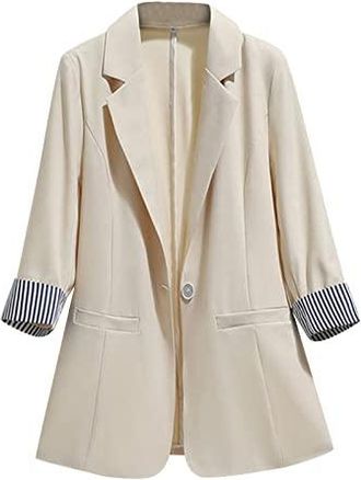 Generic Vestes d&eacute;contract&eacute;es pour femmes, couleur unie, revers moyen, manches longues, 2026, beige, 3XL