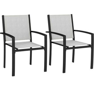 OUTSUNNY Lot de 2 chaises de jardin empilables avec accoudoirs acier noir textil&egrave;ne gris clair