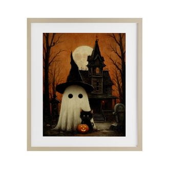 Stupell Industries Arlington Prints Gerahmter Druck unter Glas, Design von Arlington Prints, Motiv Cute Ghost & Haunted House, Grau, 40,6 x 33 cm