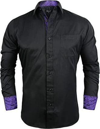 Alizeal Chemise business homme coupe slim business chemise patchwork à manches longues avec fermeture boutonnée, Noir + violet foncé-L