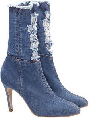 Frcolor Ciieeo Bottes Femme en Denim Extensible Automne Hiver Talon Aiguille Ultra-Fin 41 Bottines Fines et Confortables Semelle Antid&eacute;rapante Bottes Polyvale