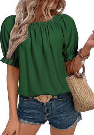 Dokotoo Damen Bluse Sommer Chiffon Tunika Kurzarm Falten Blusenshirt Elegant Rundhals Puff&auml;rmel Oberteile T Shirts Top, gr&uuml;n, XL
