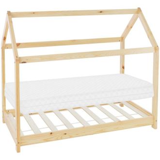 ML Design Ml-design - Lit dEnfant Forme Maison 80 x 160 cm Naturel avec Matelas &agrave; Mousse Froide Sommier &agrave; Lattes Housse Amovible Lavable, Cadre en Bois de Pin