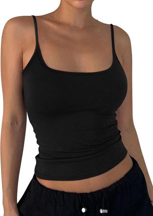 Onsoyours Spaghetti Top Damen Sommer Tank Top &Auml;rmellose Oberteile Sexy Slim Fit Cami Crop Top Einfarbig Basic Shirts A Schwarz XL