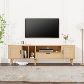 Merax REXO Ger&auml;umiger 180-cm-TV-Schrank mit Rattan-Dekoration, 2 T&uuml;ren und Einer Schublade, Beine aus Massivholz, bietet Platz f&uuml;r einen 80-Zoll-Fernseher, 