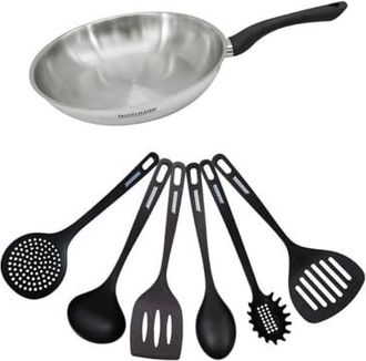 Fackelmann Fackelmann 9441050 Pfannenset 28 cm aus Edelstahl 18/8 und 6 RPET Utensilien, Bratpfanne, Bratpfanne f&uuml;r alle Herdarten, Induktion, Pfanne ohne PFAS, 