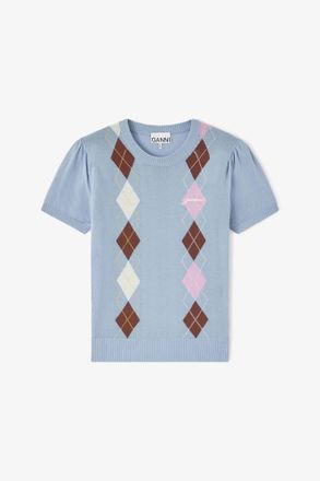 Ganni T-shirt &agrave; losanges Bleu Coton biologique - Taille L - Pour Femme