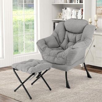 Costway Costway - Fauteuil Salon Scandinave avec Repose-Pieds, Fauteuil Relax en Sherpa avec Oreiller et Poche Lat&eacute;rale, Fauteuil Chambre pour Lecture, Cadre