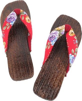 Hemobllo Sandales Japonaises pour Femmes Bois et Tissu Sabots Légers Non Glissants Confortables pour Marche et Détente
