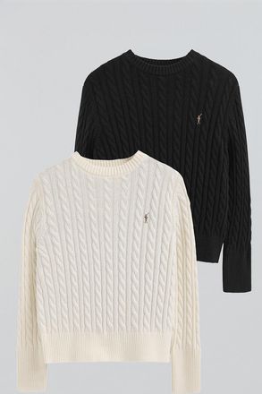 Polo Club Zweierpack Pullover schwarz und ecru aus Wollgemisch mit Rundhalsausschnitt und gesticktem Rigby Go-Logo