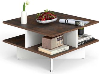 Costway Costway - Table Basse Carr&eacute;e &agrave; 2 Niveaux de 60 cm avec 4 Compartiments de Rangement, Style Moderne avec Base en Croix, Marron Rustique et Blanc