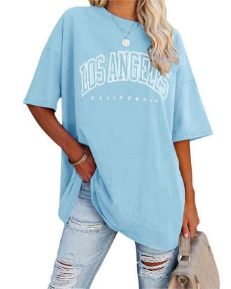TOMWELL Damen Los Angeles Brief T-Shirt Kurzarm Sport Sommer Rundhals Oversize Oberteile mit Buchstaben Druck Lose Bluse Vintage Tunika Lang f&uuml;r Teen Girls To