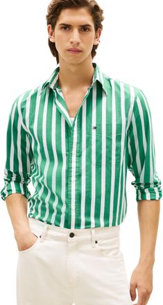 Tommy Hilfiger Herren Flex Poplin Bold Mw0Mw41715 L/S Shirt, Green (Nouveau Green/Stripe), XXL